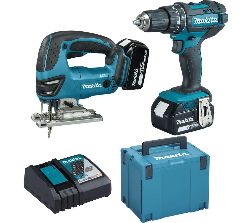 MAKITA DLX2134TJ Cordless Jigsaw and Combi Drill Set with 2 Batteries ...
