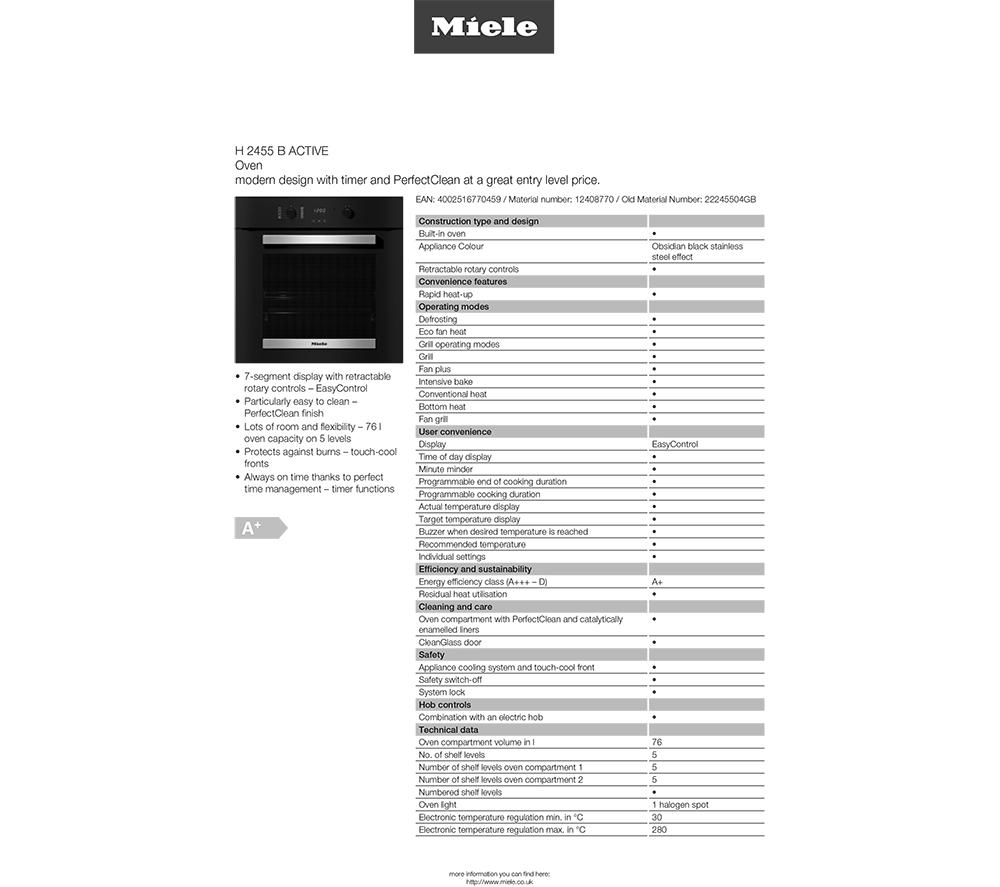 Buy MIELE H2455B Electric Oven - Black & Stainless Steel | CurrysIE