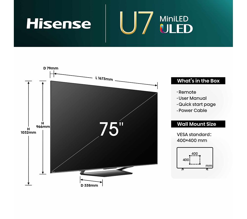 HISENSE 75U7NQTUK 75 Smart 4K Ultra HD HDR Mini LED TV with Amazon Alexa